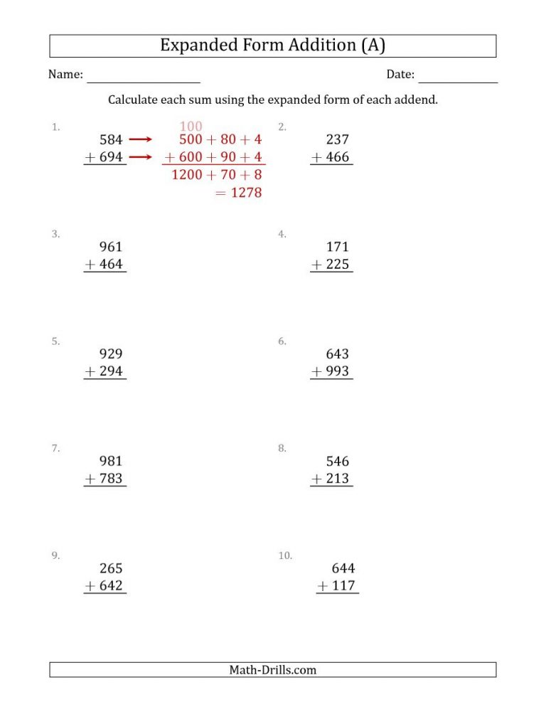3-Digit Expanded Form Addition (A) - Free Printable Expanded | Free ...