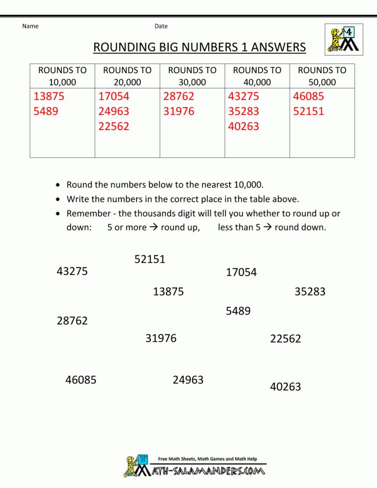 4Th Grade Math Worksheets: Reading, Writing And Rounding Big Numbers ...
