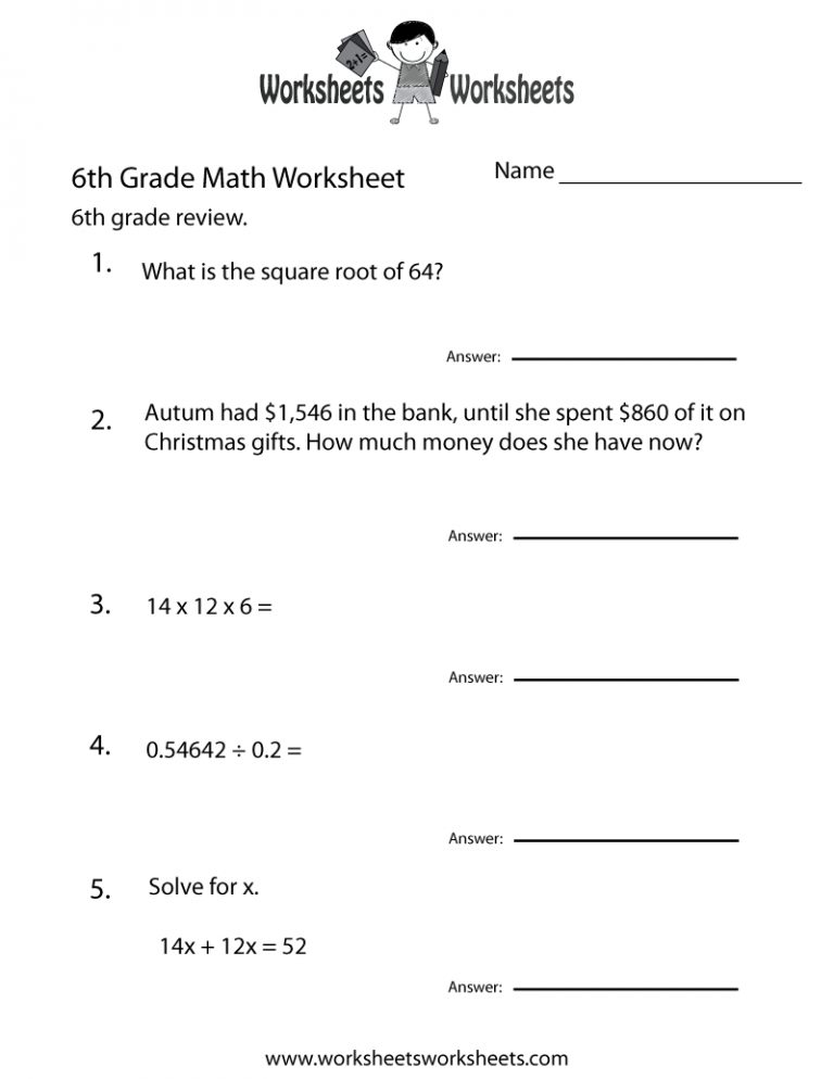 6 Grade Math Worksheets | Sixth Grade Math Practice Worksheet - Free ...