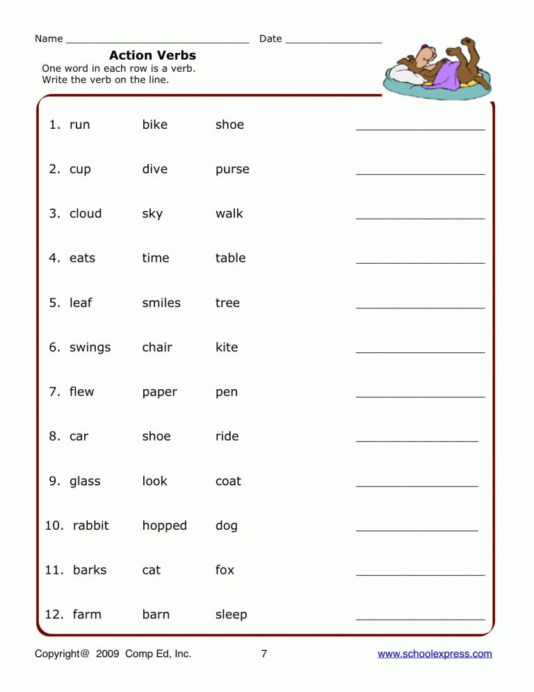 Action Verb Worksheet | Ela | Verb Worksheets, Kindergarten | Free ...