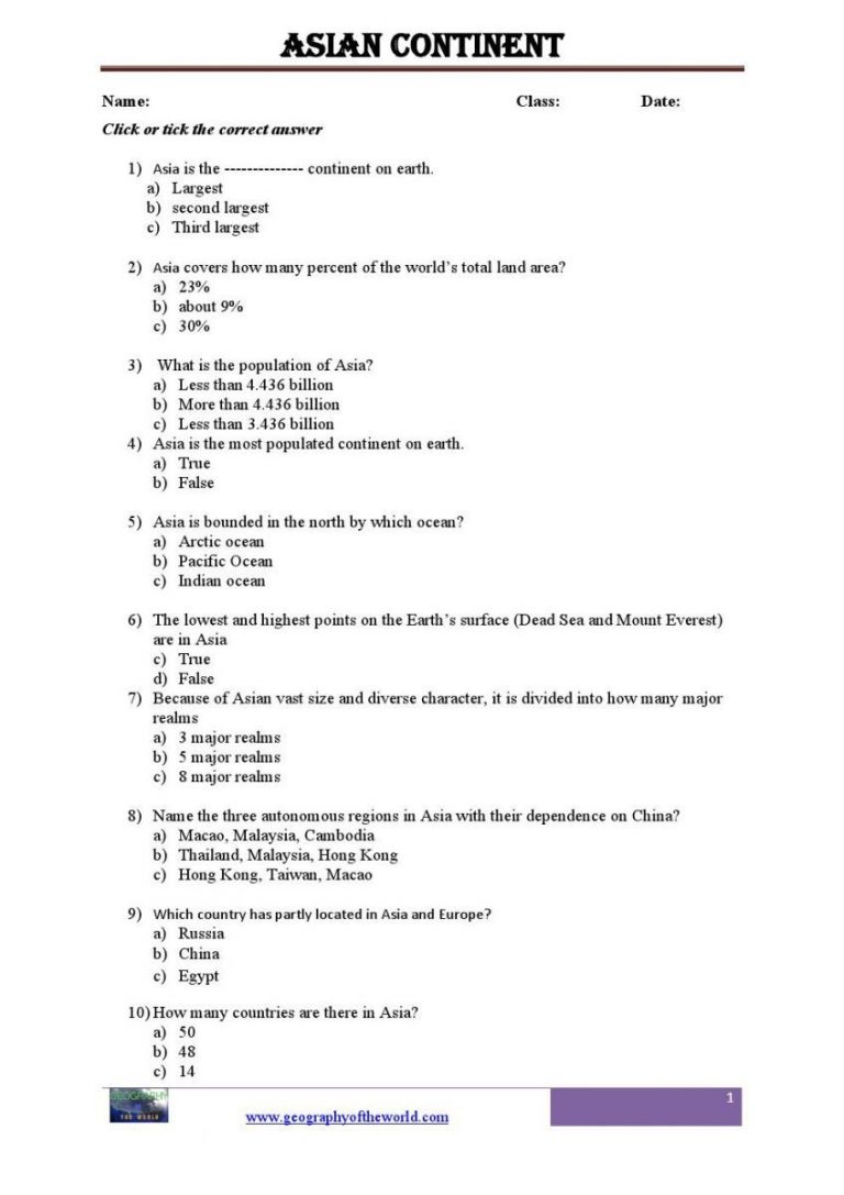 Asia Continent Printable Worksheet Pdf0001 | Geography Worksheets ...