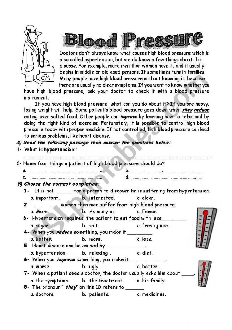 Blood Pressure - Esl Worksheetmshmsh | Blood Pressure Worksheets ...