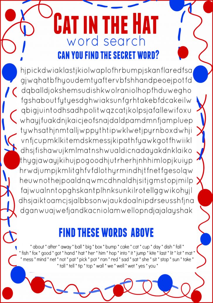 Cat In The Hat Word Search Free Printable Dr. Seuss Birthday | Cat In ...