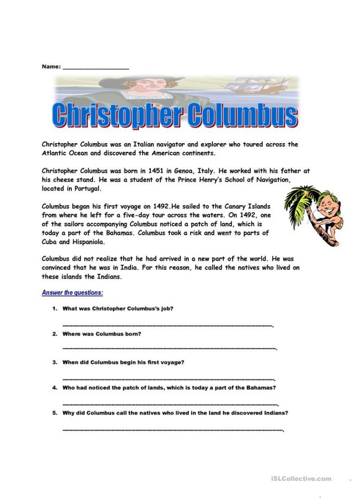 Christopher Columbus Worksheet - Free Esl Printable Worksheets Made ...