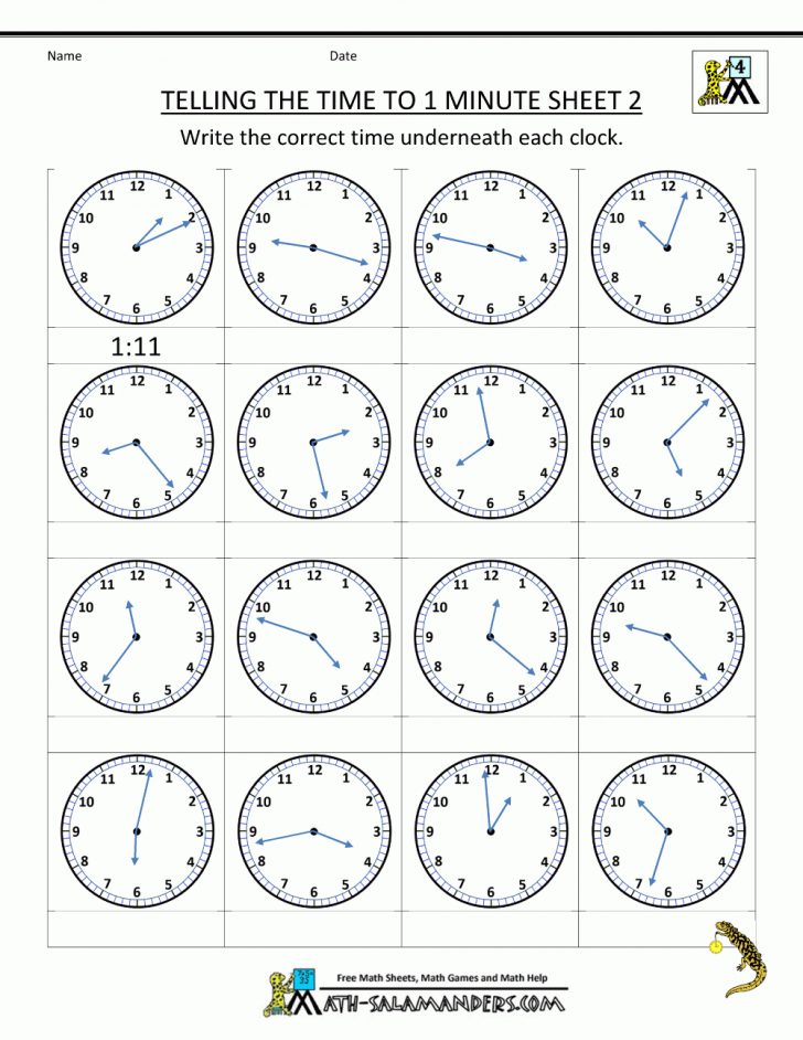 Clock Worksheets - To 1 Minute | Free Printable Telling Time Worksheets ...
