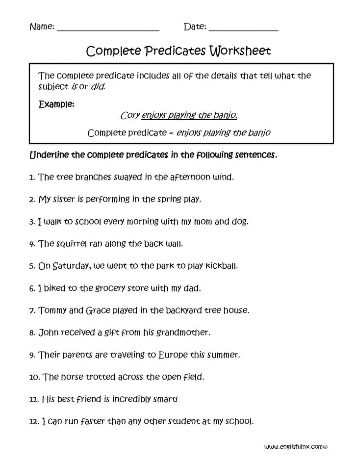 Complete Predicates Worksheet | Englishlinx Board | Subject | Free ...