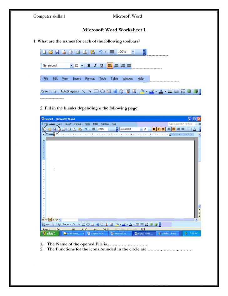 Computer Skills Worksheets | Computer Skills 1 Microsoft Word | Parts ...