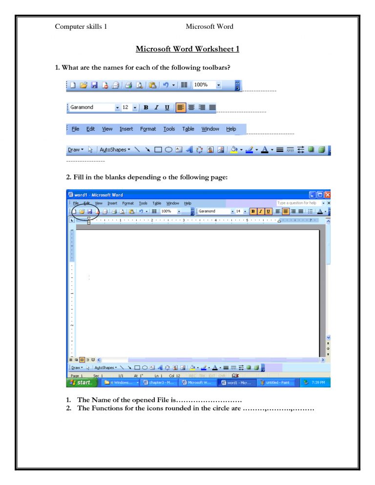 Computer Skills Worksheets | Computer Skills 1 Microsoft Word | Parts ...