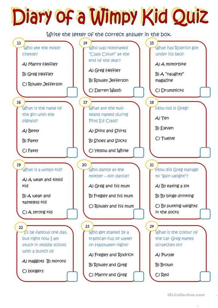 Diary Of A Wimpy Kid Quiz 2 Worksheet - Free Esl Printable | Diary Of A ...