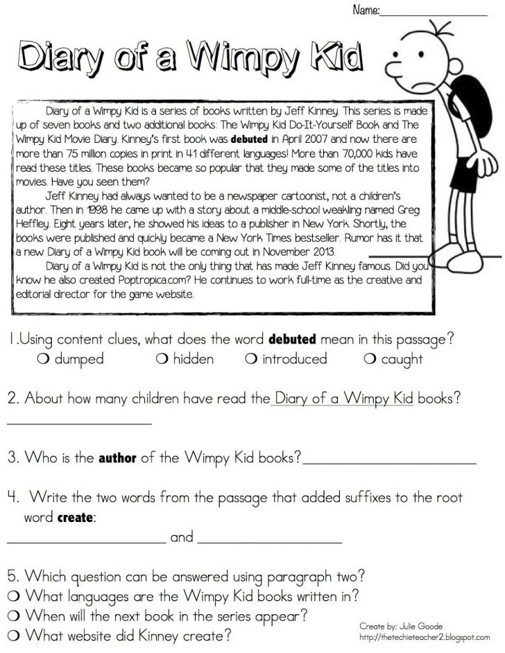 Diary Of A Wimpy Kid Reading Passage Freebie | Diary Of Wimpy Kid ...
