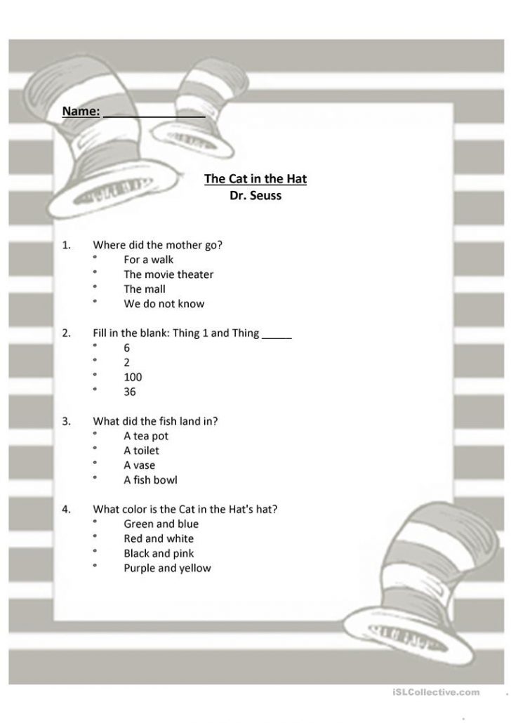 Dr Seuss - The Cat In The Hat Worksheet - Free Esl Printable | Cat In ...