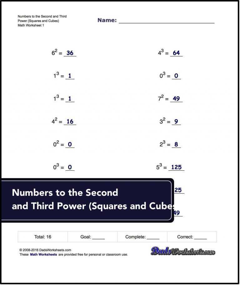 Exponents Worksheets For Numbers To The Second And Third Power | Free ...