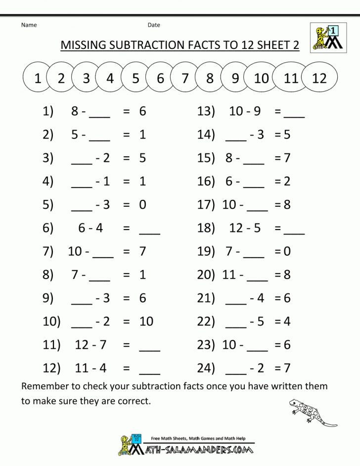 First Grade Math Worksheets | Missing Subtraction Facts To 12 Sheet ...
