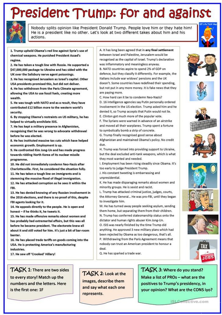 For And Against: President Trump Worksheet - Free Esl Printable | Free ...