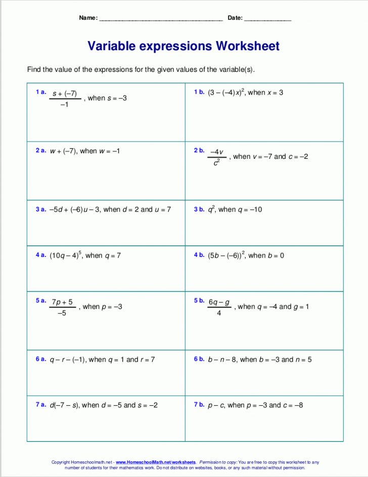 Free Worksheets For Evaluating Expressions With Variables; Grades 6 ...
