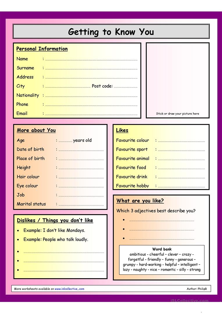 Printable Getting To Know You Worksheets Printable Worksheets