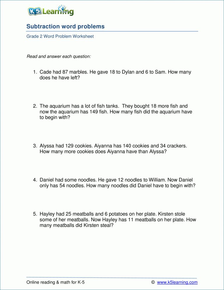 Grade 2 Subtraction Word Problem Worksheets (1-3 Digits) | K5 Learning ...