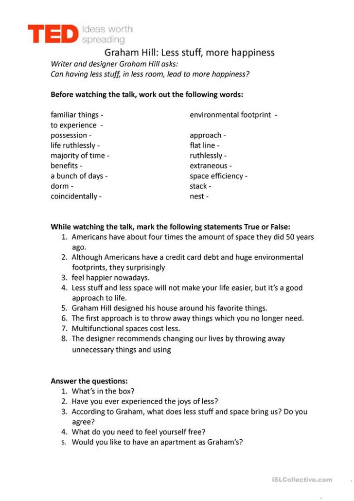 Graham Hill: Less Stuff, More Happiness Worksheet - Free Esl ...