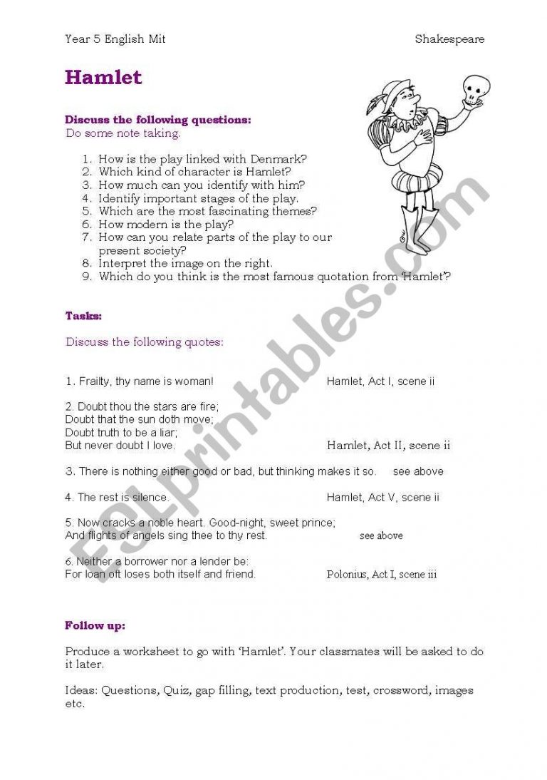 Hamlet - Esl Worksheetchristl Tirol | Hamlet Printable Worksheets ...
