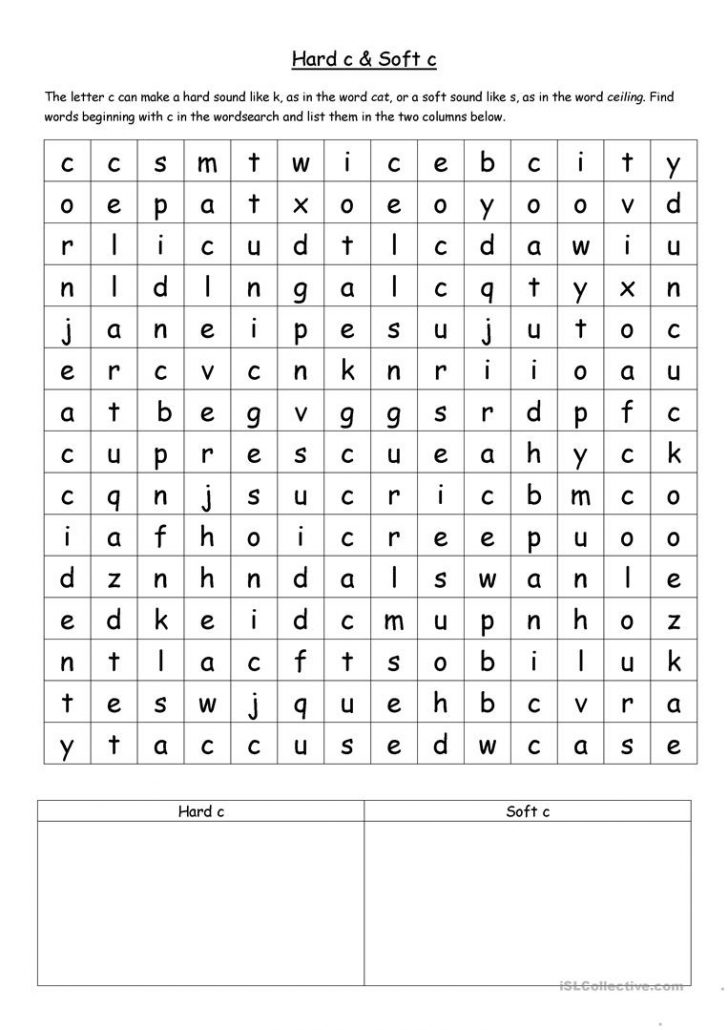 Hard C Soft C Wordsearch Worksheet - Free Esl Printable Worksheets ...