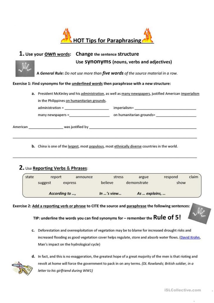 Hot Tips For Paraphrasing Worksheet - Free Esl Printable Worksheets ...