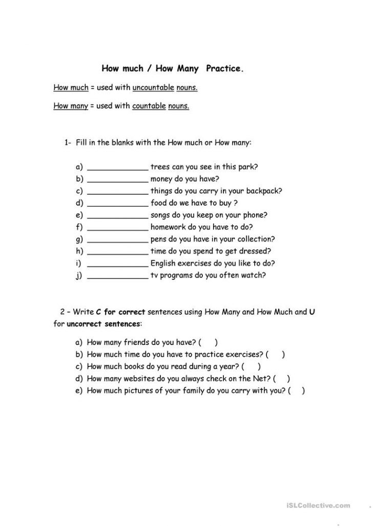 How Much /how Many Practice. Worksheet - Free Esl Printable | How Many ...
