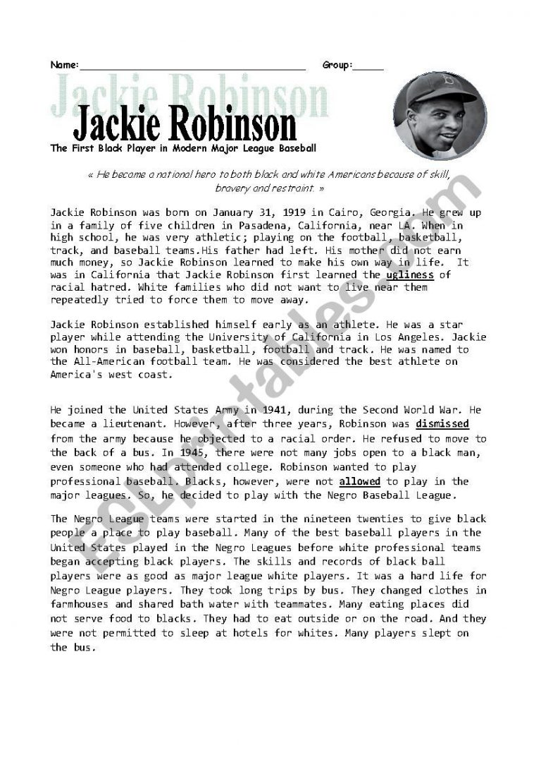 Jackie Robinson - Esl Worksheetheidou | Free Printable Worksheets On ...