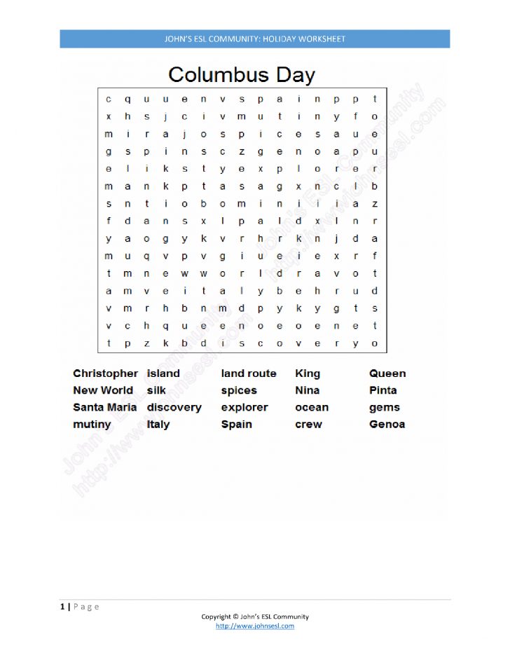 John's Esl Community:holidays:columbus Day | Columbus Day Worksheets ...