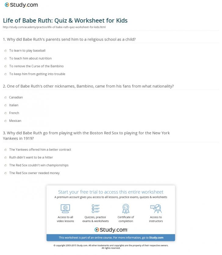 Life Of Babe Ruth: Quiz & Worksheet For Kids | Study | Free Printable ...