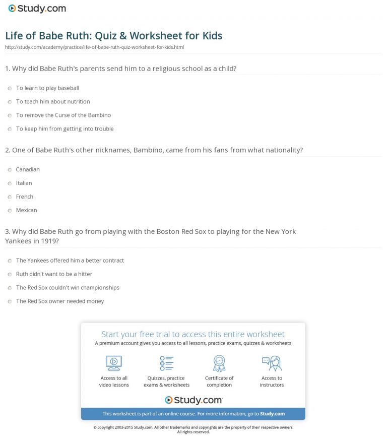 Life Of Babe Ruth: Quiz & Worksheet For Kids | Study | Free Printable ...