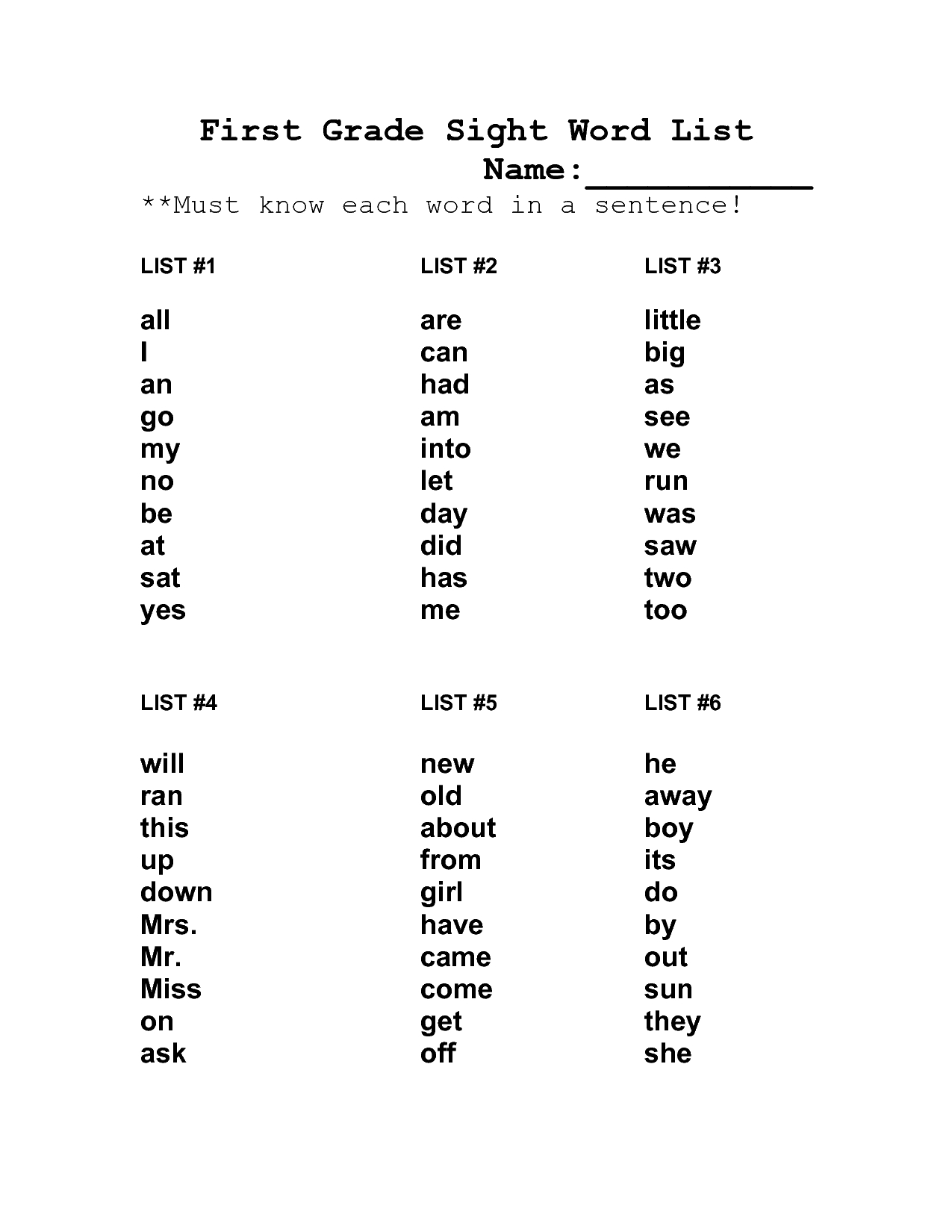 1St Grade Sight Words Printables Worksheets Printable Worksheets