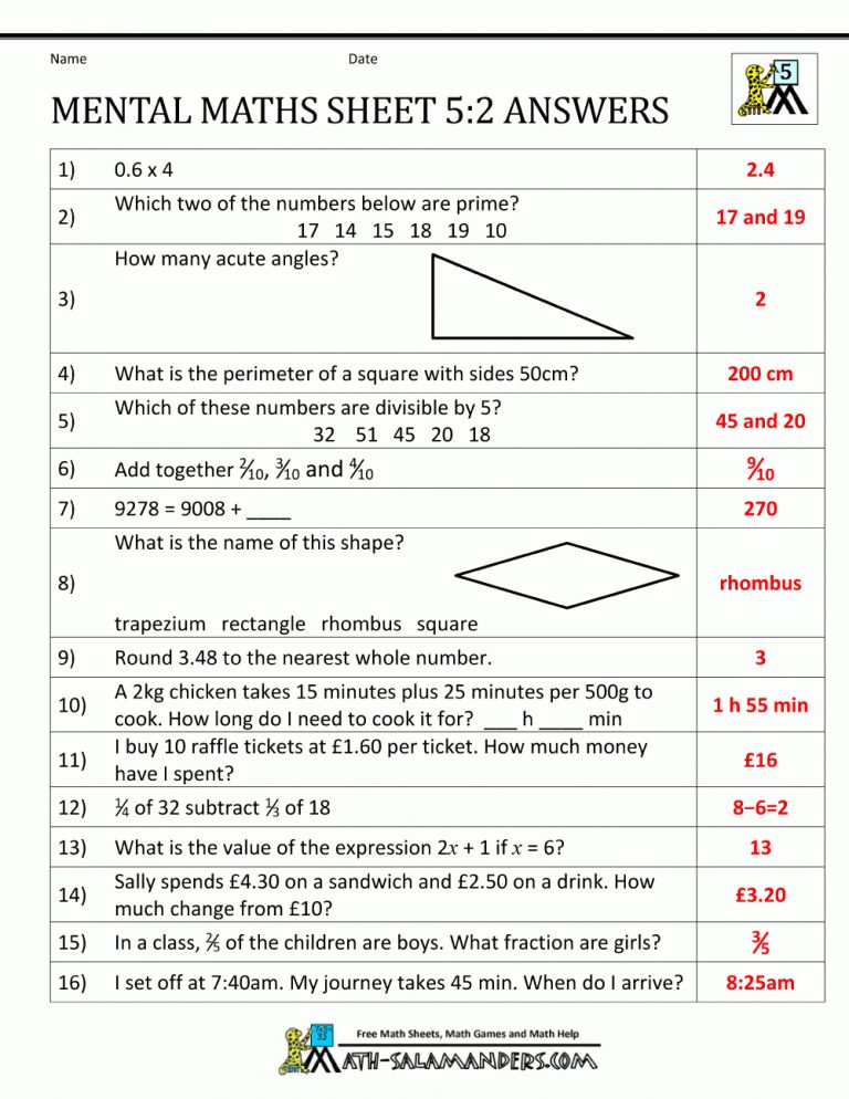 Mental Maths Practise Year 5 Worksheets | Math Test Printable ...
