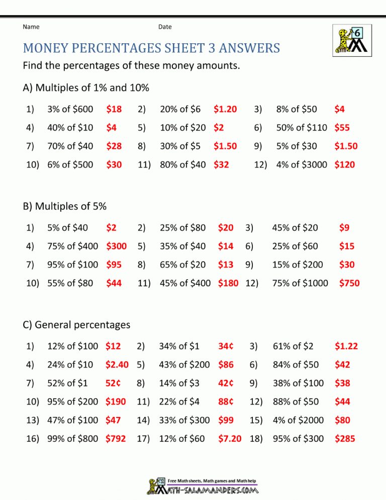 Money Percentage Worksheets | Printable Percentage Worksheets ...