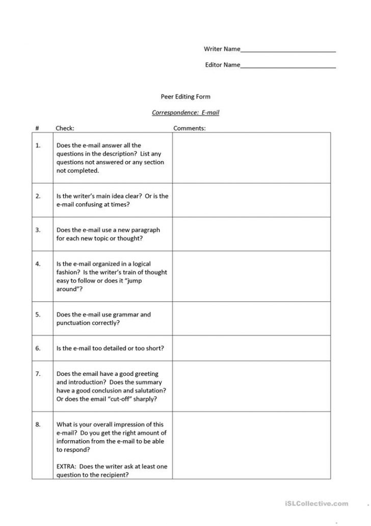 Peer Editing Sheet Worksheet - Free Esl Printable Worksheets Made ...