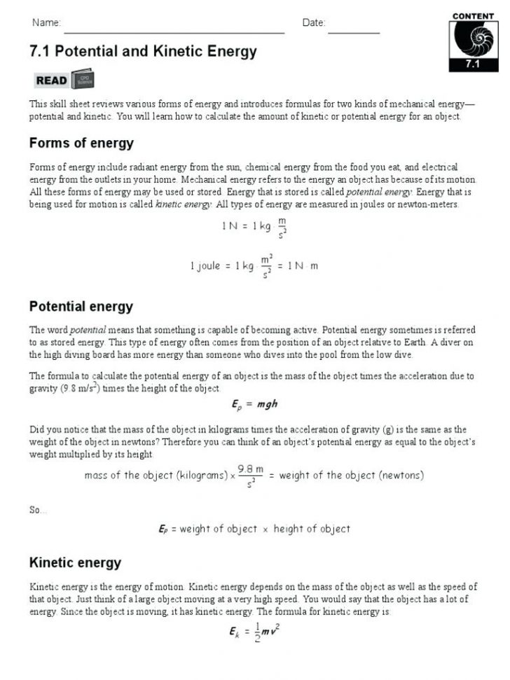 Potential Vs Kinetic Energy Worksheet Worksheets - Classy World | Free ...