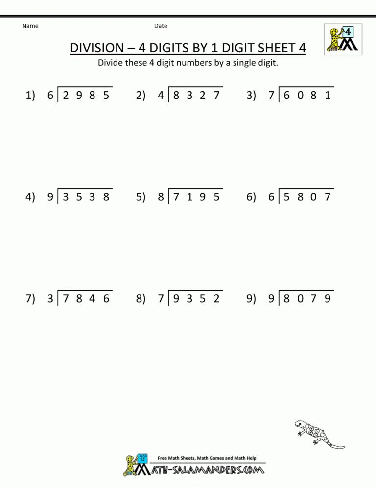 Printable Division Worksheets 4 Digits1 Digit 4 | 4Th Grade | Free ...