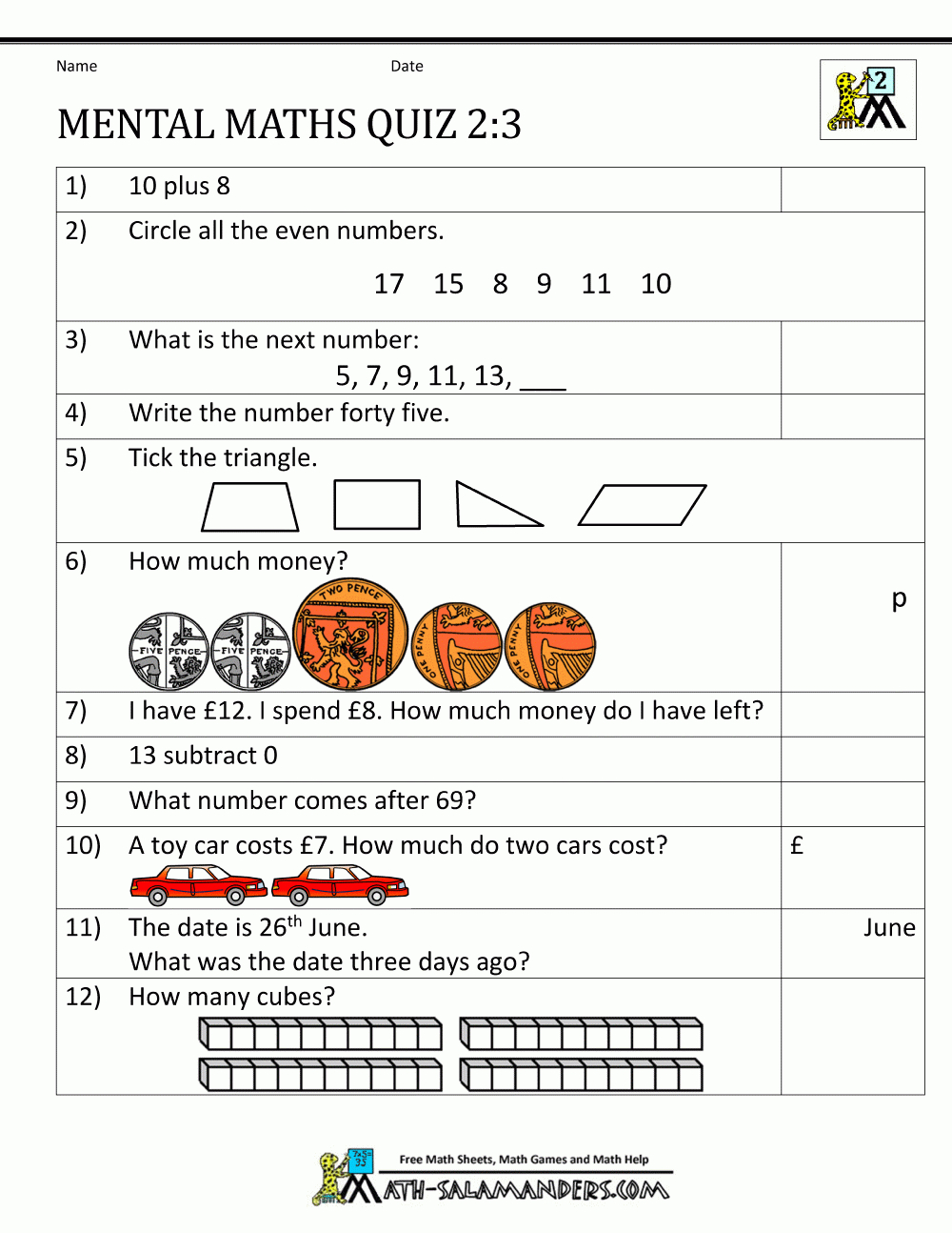 Math Test Printable Worksheets Printable Worksheets