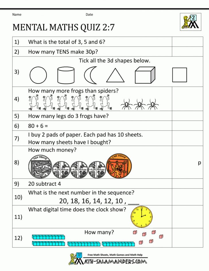 Printable Mental Maths Year 2 Worksheets | Primary Maths Worksheets ...