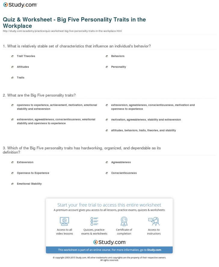 Quiz & Worksheet - Big Five Personality Traits In The Workplace ...