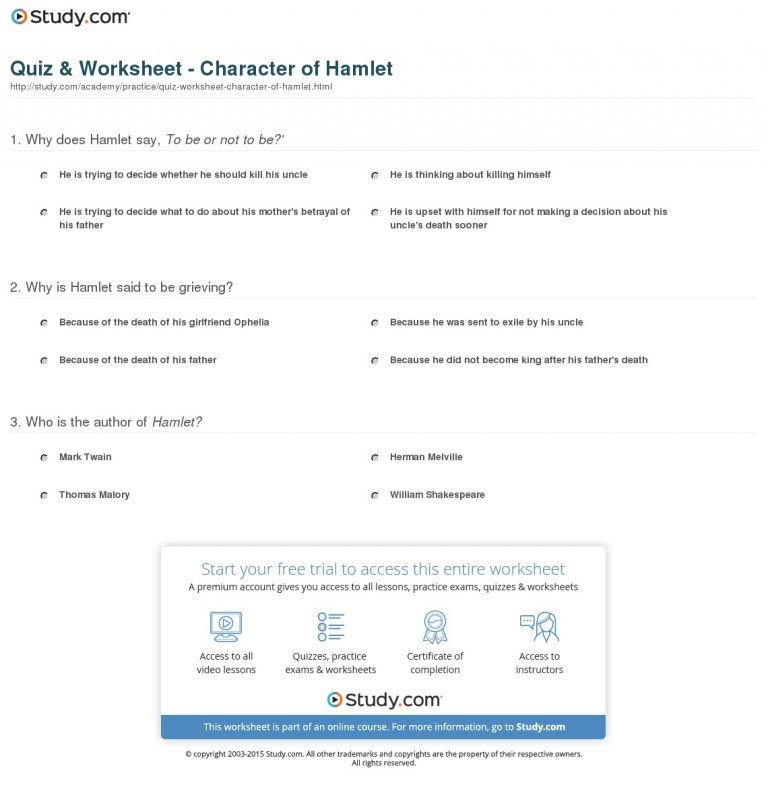Quiz & Worksheet - Character Of Hamlet | Study | Hamlet Printable ...