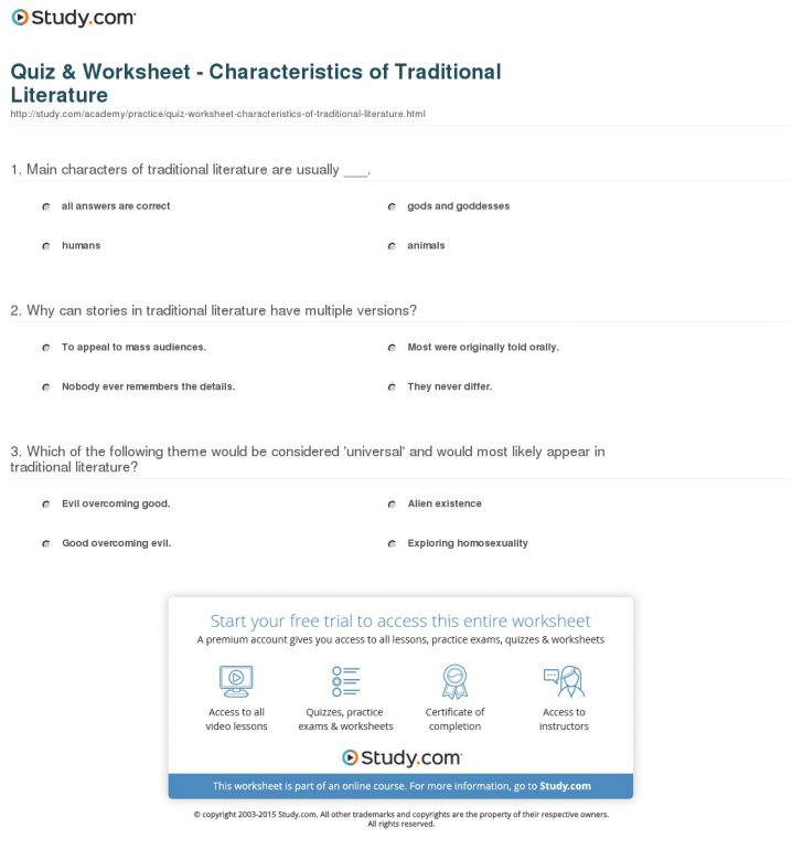 Quiz & Worksheet - Characteristics Of Traditional Literature | Study ...