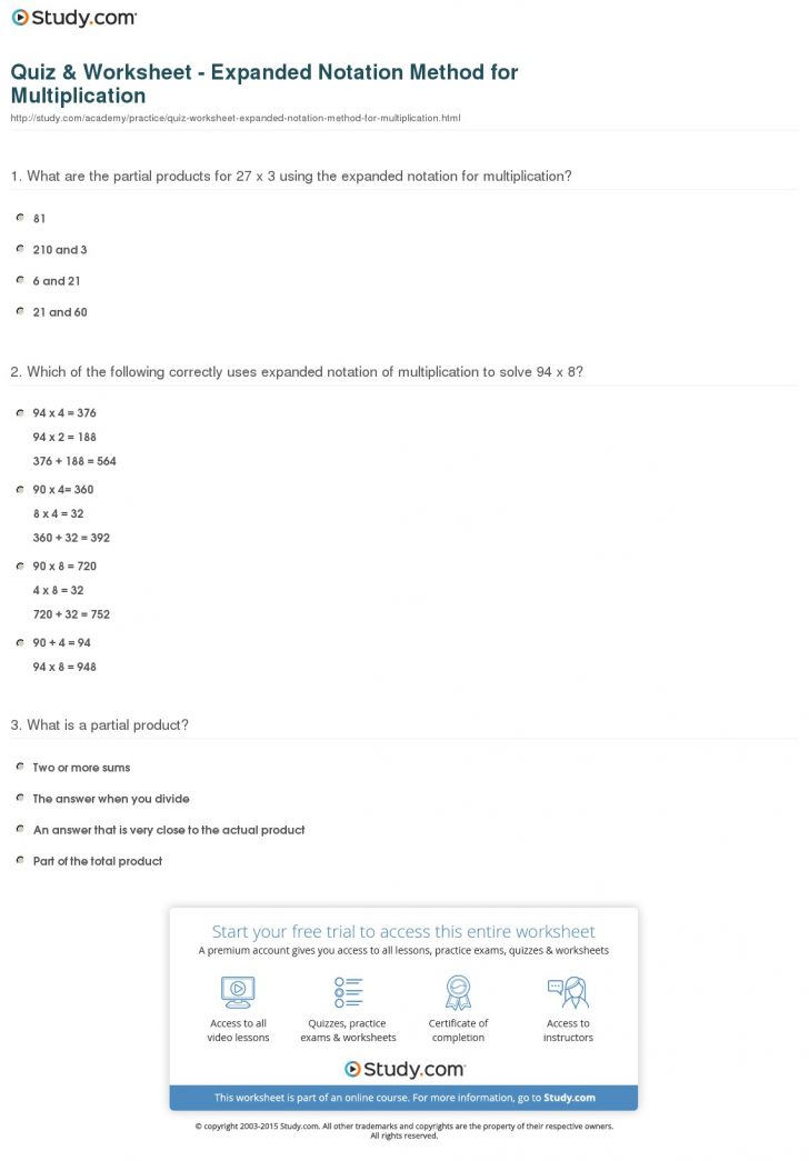 Quiz & Worksheet - Expanded Notation Method For Multiplication | Free ...