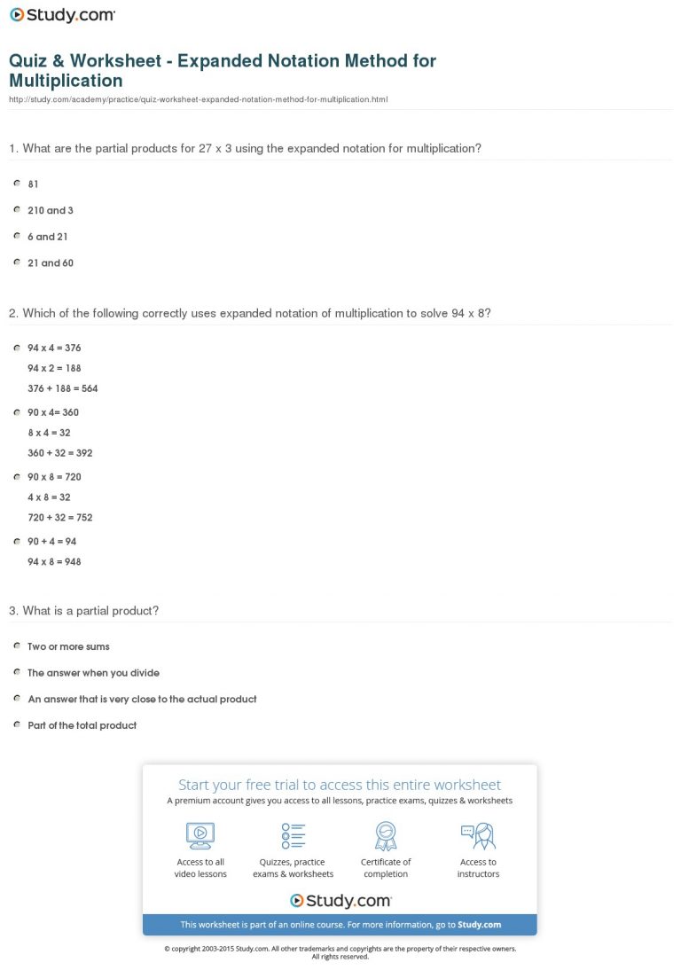 Quiz & Worksheet - Expanded Notation Method For Multiplication | Free ...