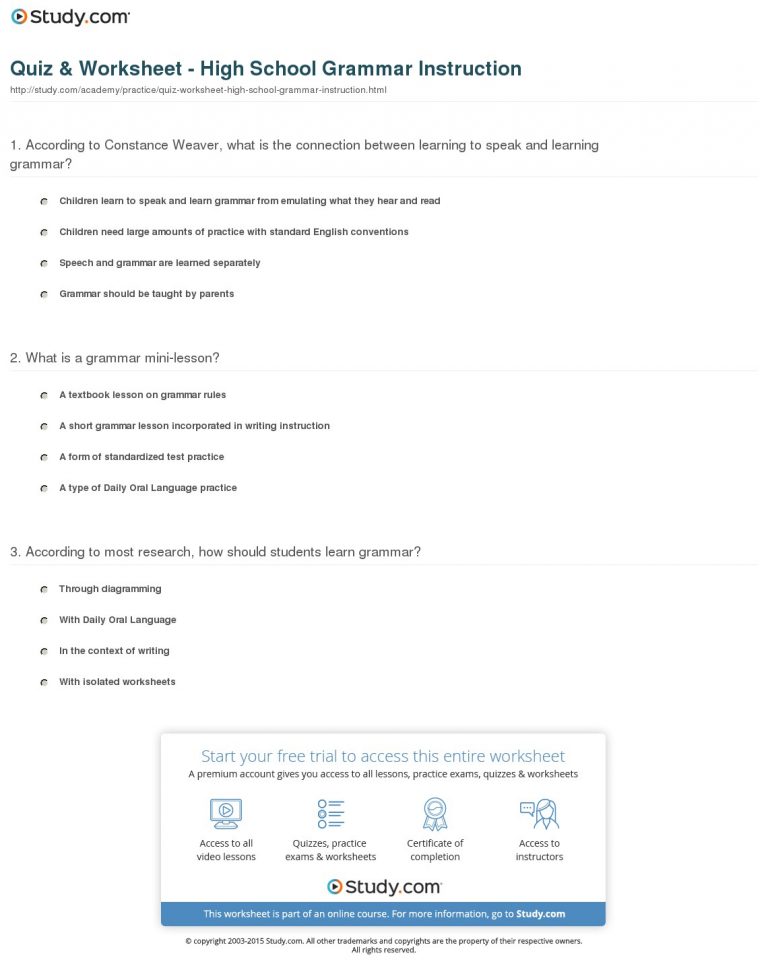 Quiz & Worksheet - High School Grammar Instruction | Study | Grammar ...