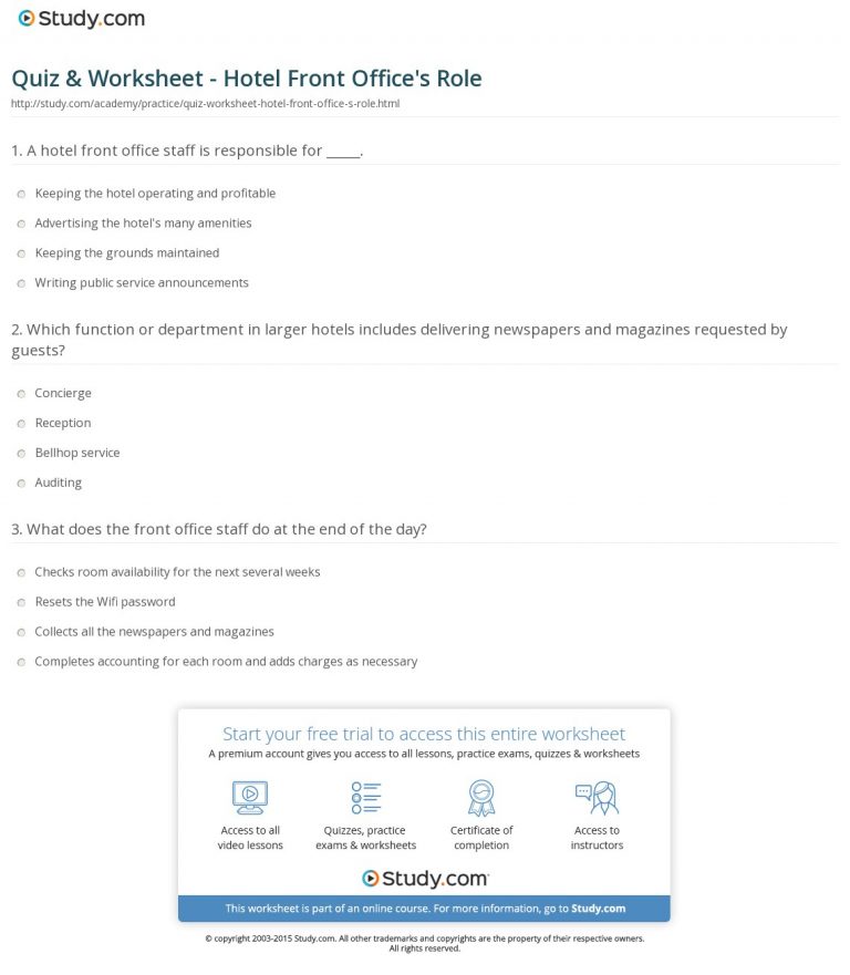 Quiz & Worksheet - Hotel Front Office's Role | Study | Hospitality ...