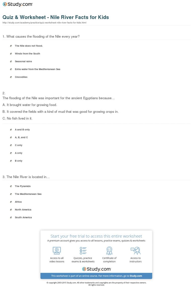 Quiz & Worksheet - Nile River Facts For Kids | Study | River Worksheets ...