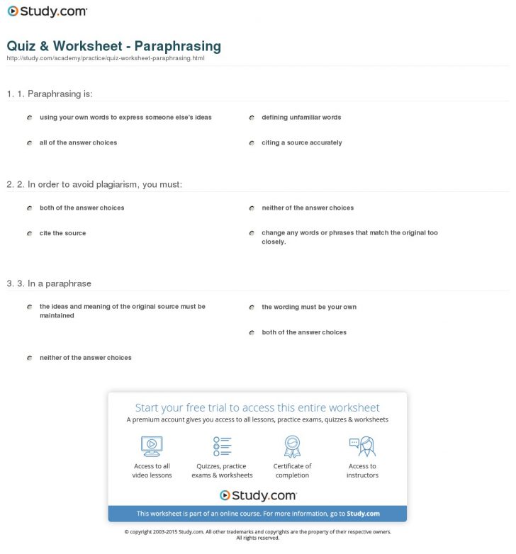 Quiz & Worksheet - Paraphrasing | Study | Printable Paraphrase Practice ...