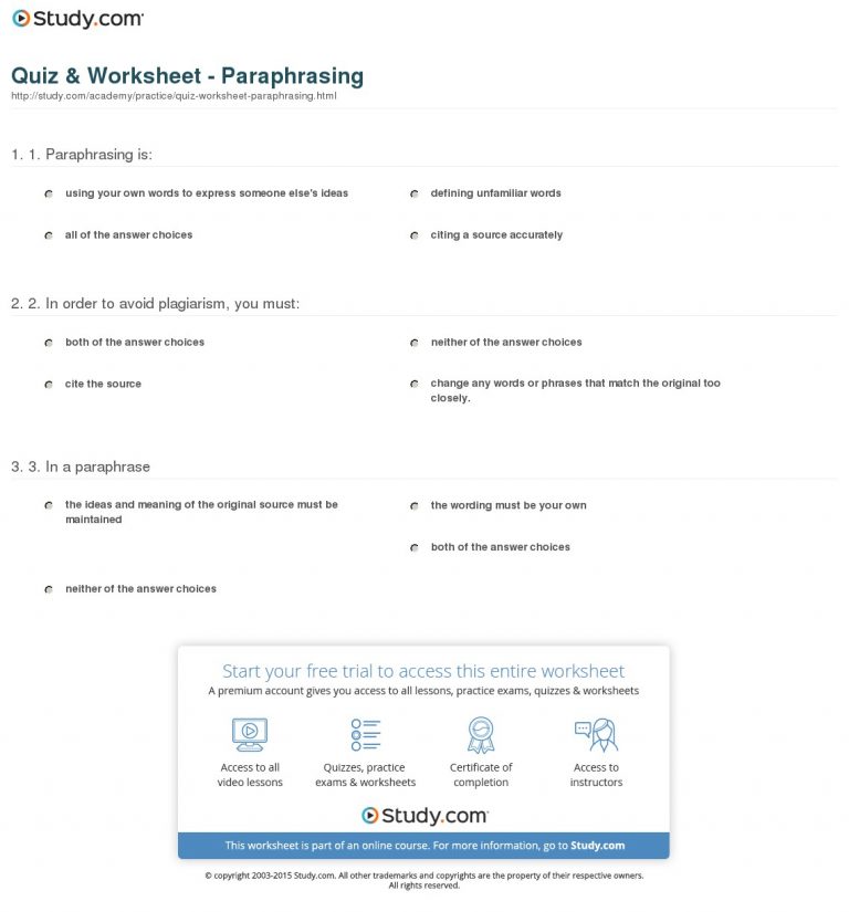 Quiz & Worksheet - Paraphrasing | Study | Printable Paraphrase Practice ...