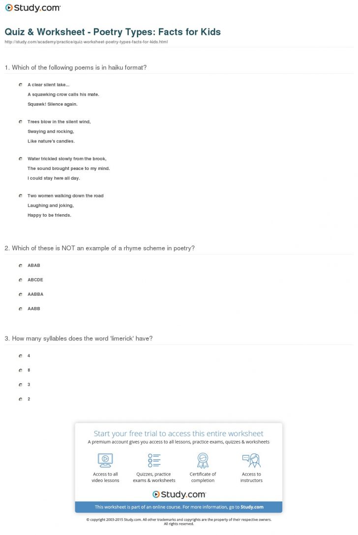 Quiz & Worksheet - Poetry Types: Facts For Kids | Study | Free ...