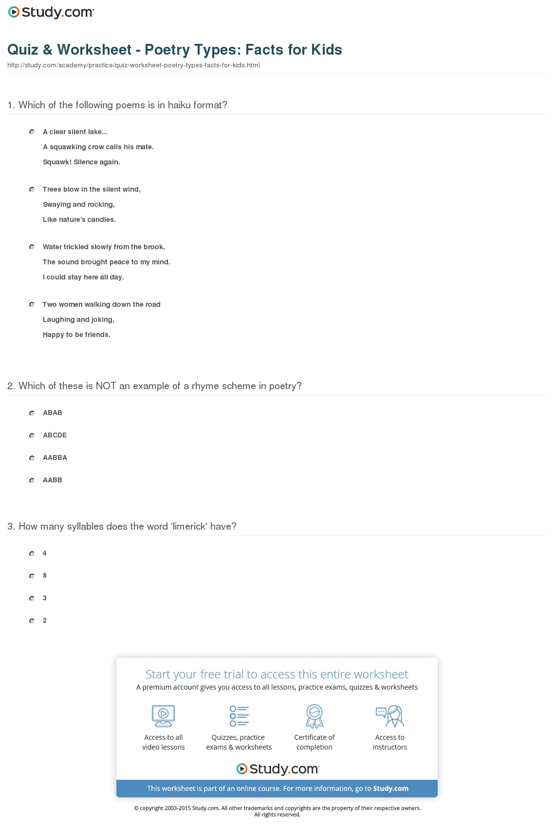 Quiz Worksheet Poetry Types Facts For Kids Study Free